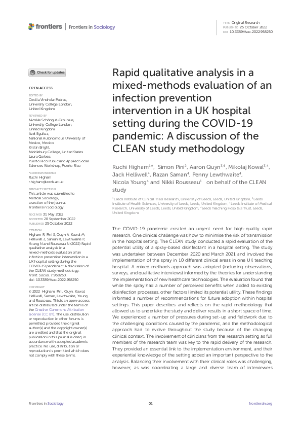 Pdf Rapid Qualitative Analysis In A Mixed Methods Evaluation Of An Infection Prevention