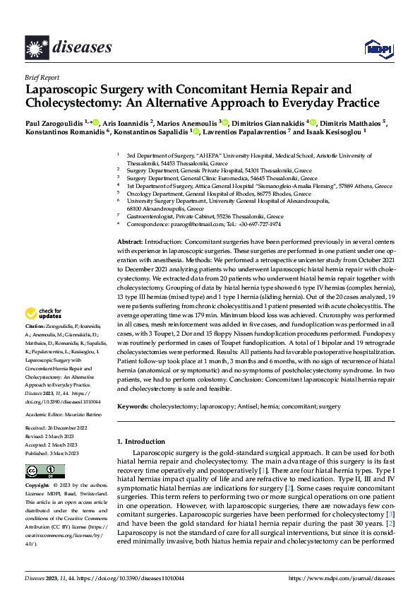 (PDF) Laparoscopic Surgery with Concomitant Hernia Repair and Cholecystectomy: An Alternative ...