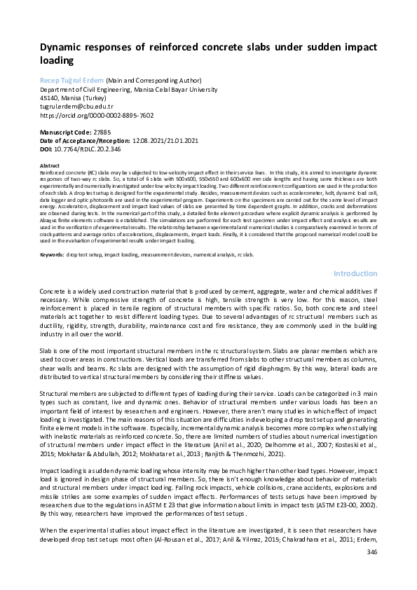 Pdf Dynamic Responses Of Reinforced Concrete Slabs Under Sudden Impact Loading