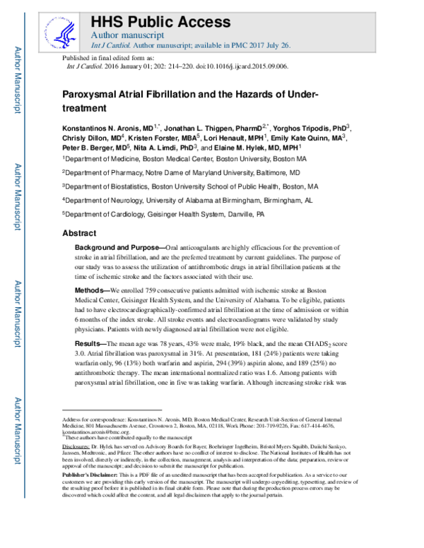 (PDF) Paroxysmal atrial fibrillation and the hazards of under-treatment