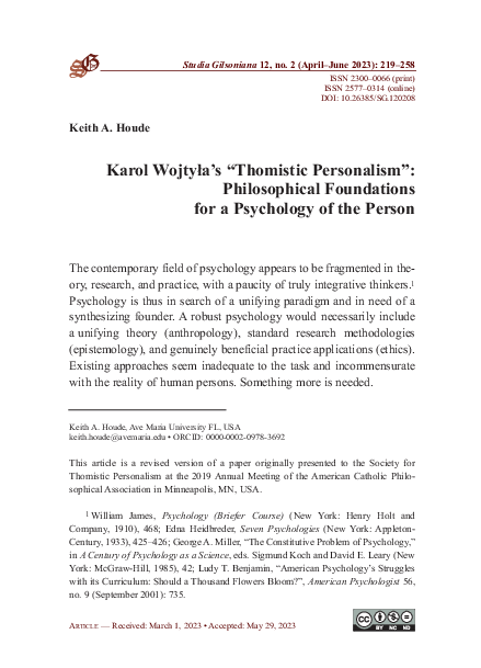 (PDF) Karol Wojtyła’s “Thomistic Personalism”: Philosophical ...