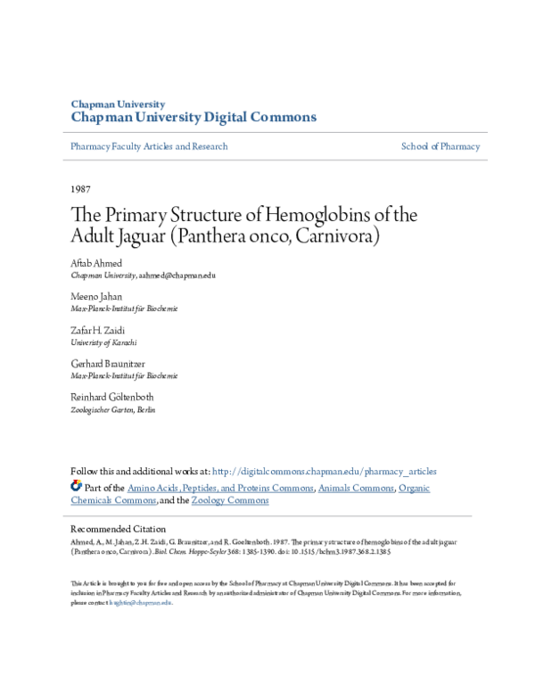 (PDF) The Primary Structure of the Hemoglobins of the Adult Jaguar ...