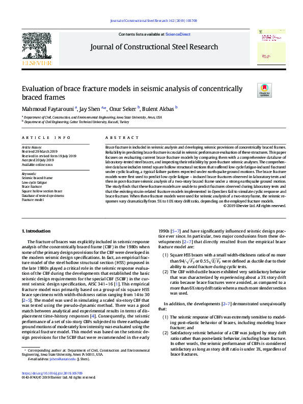 (PDF) Evaluation of brace fracture models in seismic analysis of concentrically braced frames