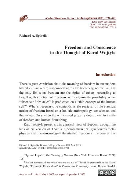 (PDF) Freedom and Conscience in the Thought of Karol Wojtyła