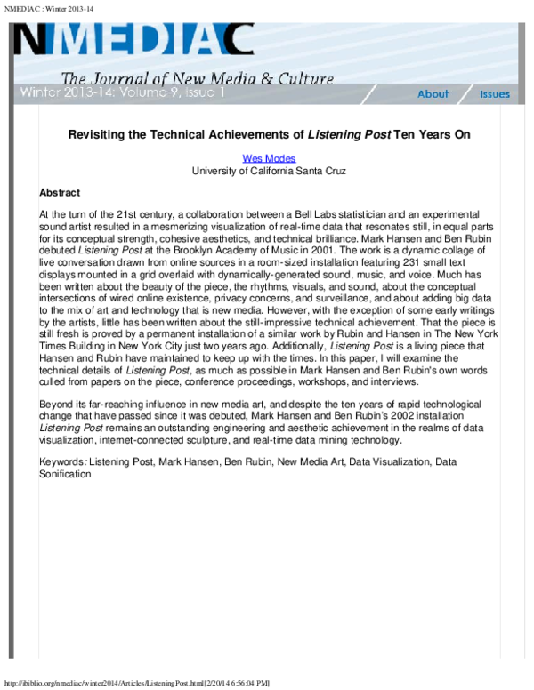 (PDF) Revisiting the Technical Achievements of Listening Post Ten Years On