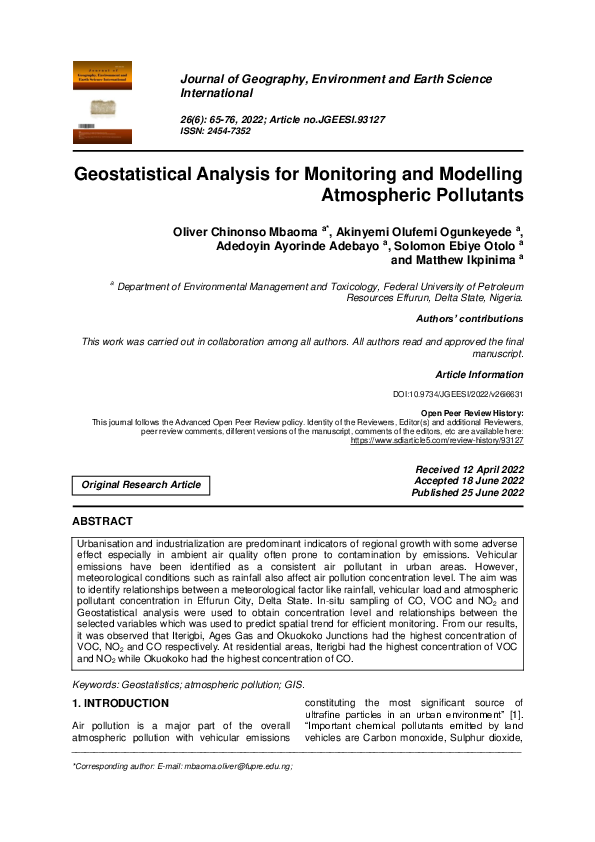 (PDF) Geostatistical Analysis for Monitoring and Modelling Atmospheric Pollutants