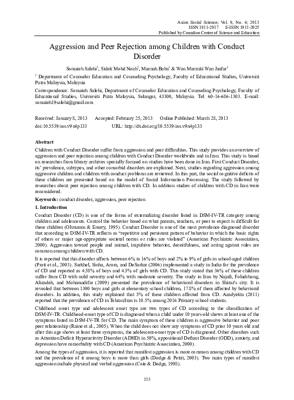 (PDF) Aggression and Peer Rejection among Children with Conduct Disorder