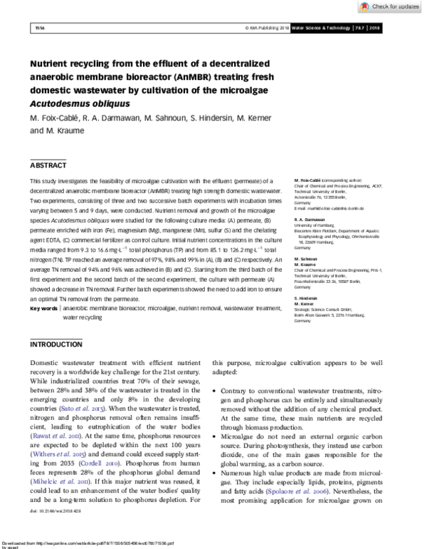 (PDF) Nutrient recycling from the effluent of a decentralized anaerobic ...
