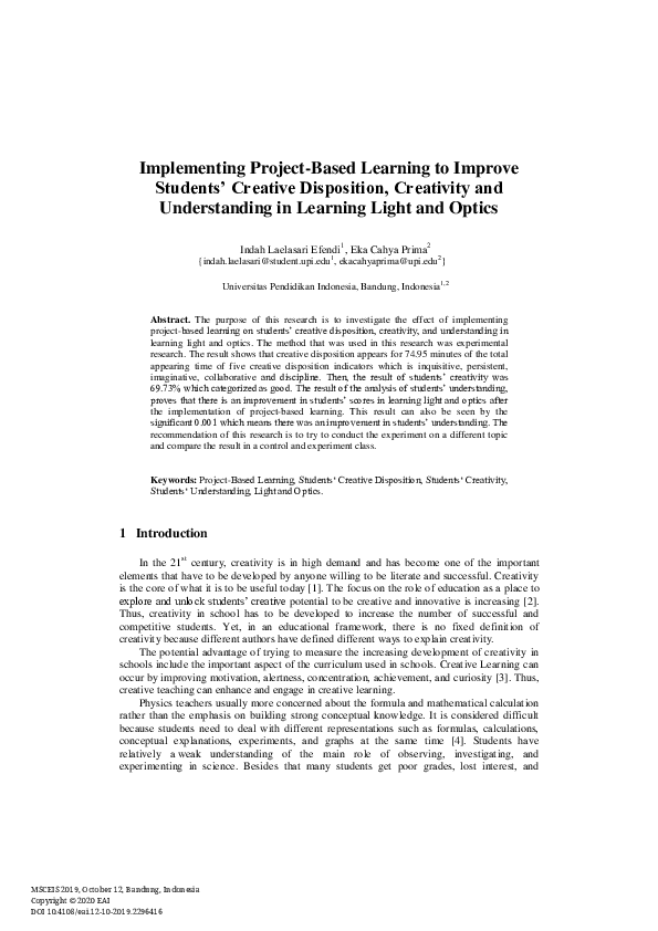 (PDF) Implementing Project-Based Learning to Improve Students’ Creative Disposition, Creativity ...
