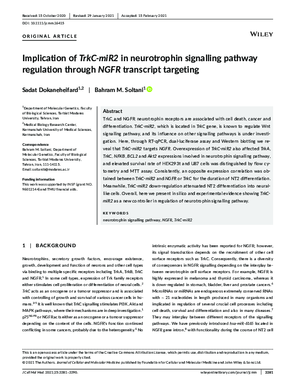 (PDF) Implication of TrkC‐miR2 in neurotrophin signalling pathway ...