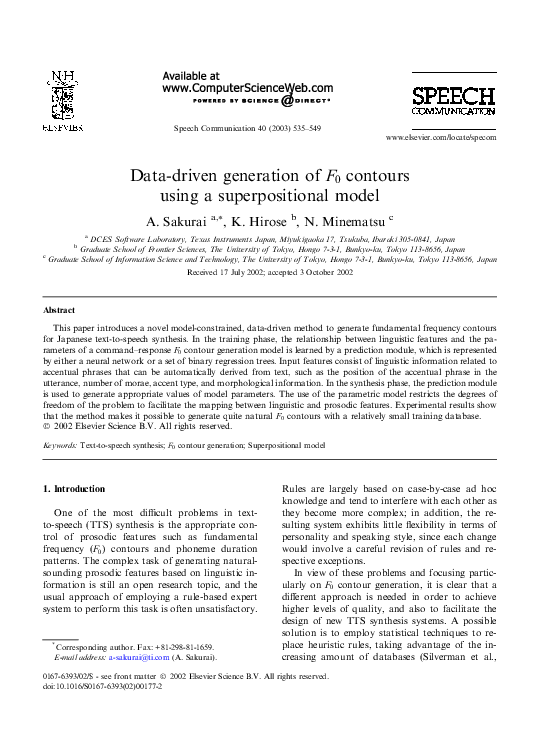 (PDF) Data-driven generation of F0 contours using a superpositional model
