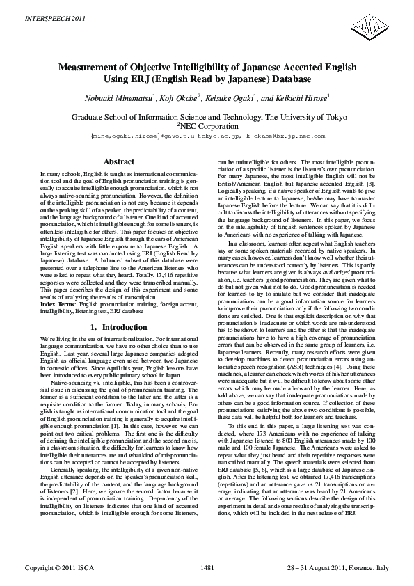 (PDF) Measurement of objective intelligibility of Japanese accented ...