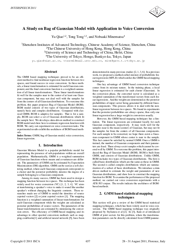 (PDF) A study on bag of Gaussian model with application to voice conversion