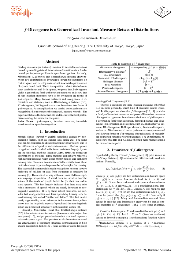 (PDF) F-Divergence is a Generalized Invariant Measure Between Distributions