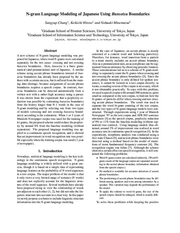 (PDF) N-gram language modeling of Japanese using bunsetsu boundaries