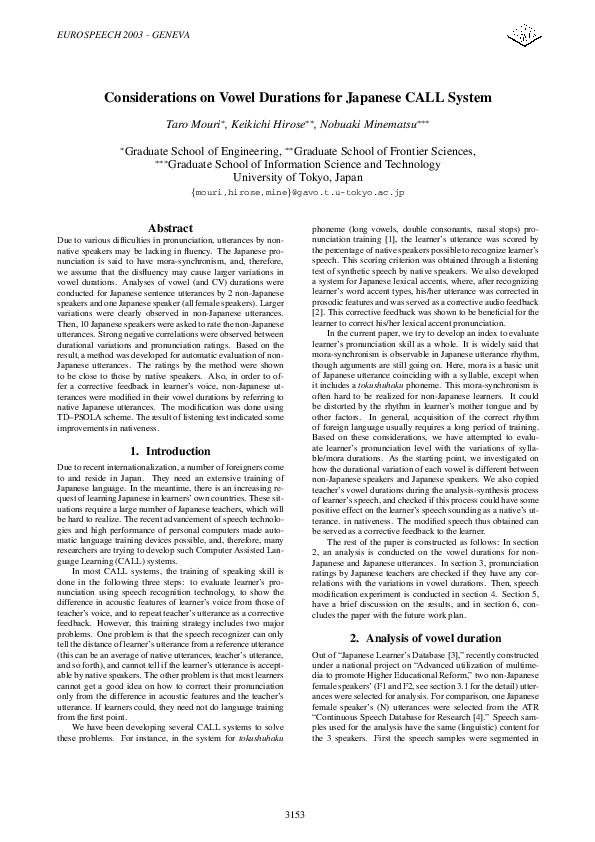 (PDF) Considerations on vowel durations for Japanese CALL system