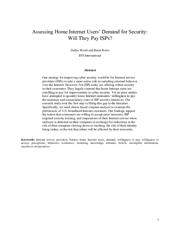 (PDF) Assessing Home Internet Users' Demand for Security: Will They Pay ISPs?