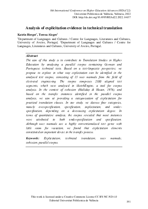 (PDF) Analysis of explicitation evidence in technical translation
