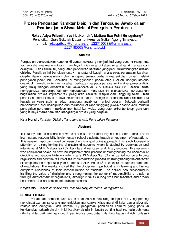 (PDF) Proses Penguatan Karakter Disiplin dan Tanggung Jawab dalam Pembelajaran Siswa Melalui ...