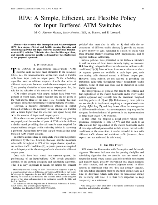Pdf Rpa A Simple Efficient And Flexible Policy For Input Buffered Atm Switches