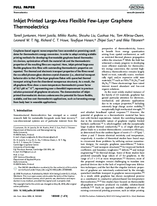 (PDF) Inkjet Printed Large‐Area Flexible Few‐Layer Graphene Thermoelectrics