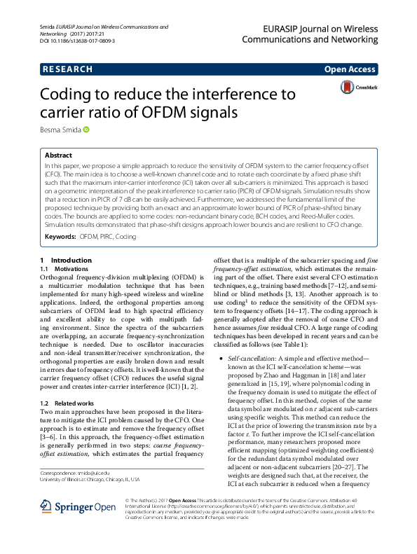 Pdf Coding To Reduce The Interference To Carrier Ratio Of Ofdm Signals