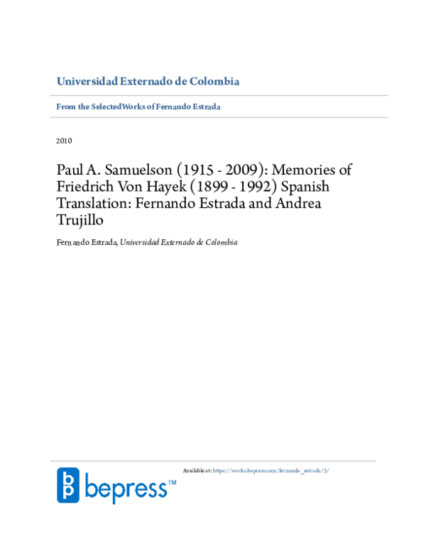 (PDF) Paul A. Samuelson (1915 - 2009): Memories of Friedrich Von Hayek (1899 - 1992) Spanish ...