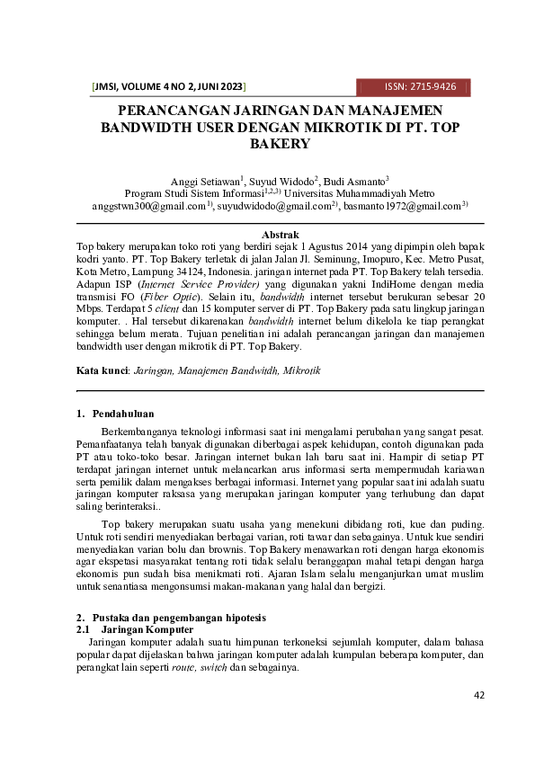 Pdf Perancangan Jaringan Dan Manajemen Bandwidth User Dengan Mikrotik Di Pt Top Bakery Budi