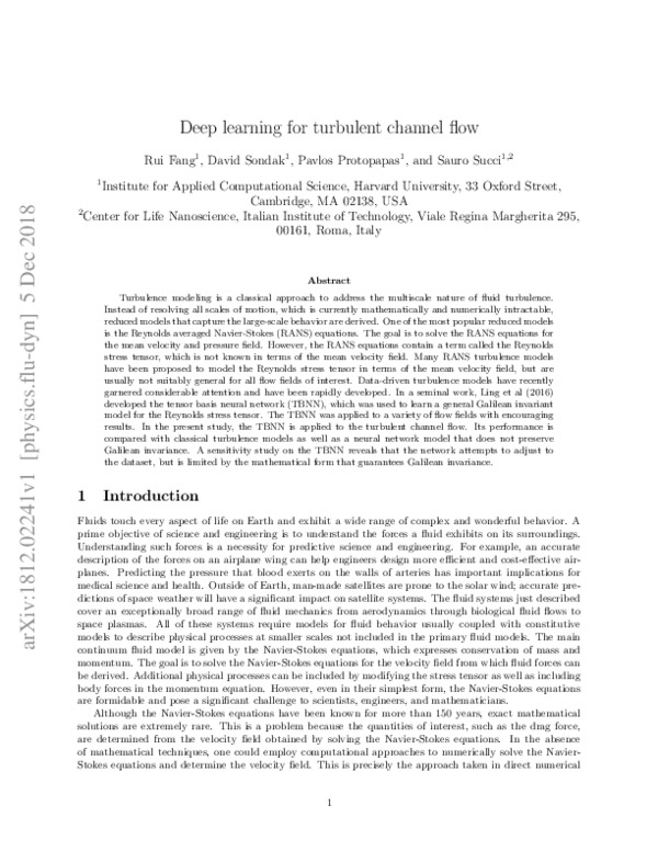 (PDF) Deep learning for turbulent channel flow