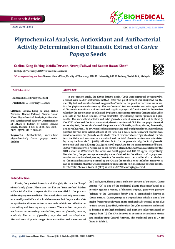 (PDF) Phytochemical Analysis, Antioxidant and Antibacterial Activity Determination of Ethanolic ...