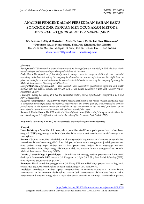 (PDF) Analisis Pengendalian Persediaan Bahan Baku Songkok ZNR dengan Menggunakan Metode Material ...