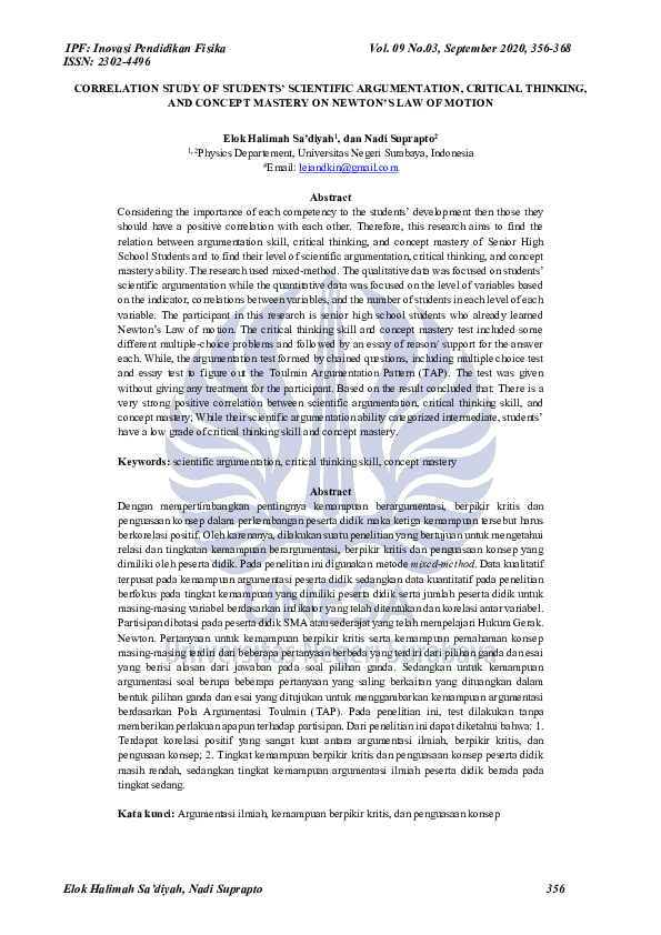(PDF) Correlation Study of Students’ Scientific Argumentation, Critical ...