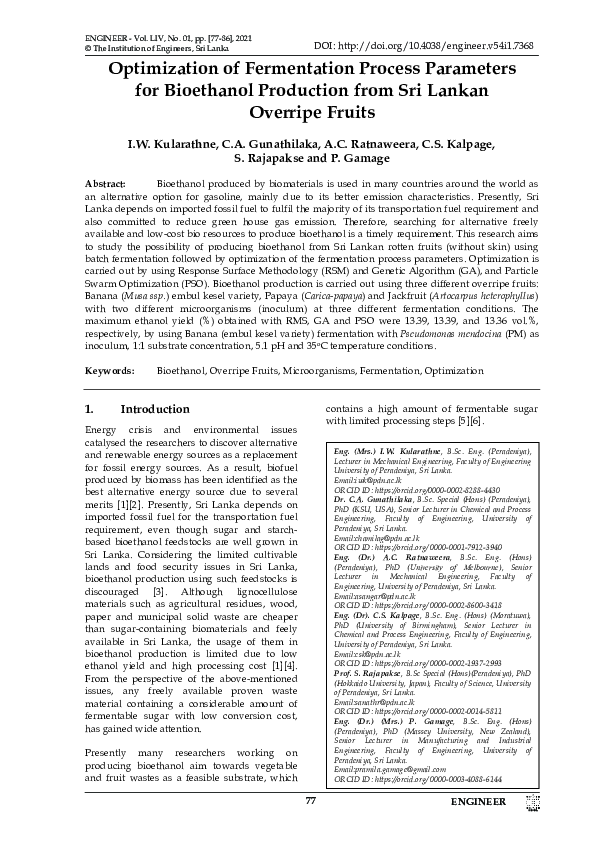 Pdf Optimization Of Fermentation Process Parameters For Bioethanol Production From Sri Lankan