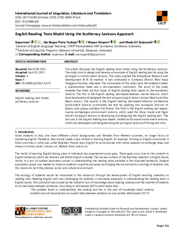 (PDF) English Reading Texts Model Using the Ecoliteracy Lexicons Approach