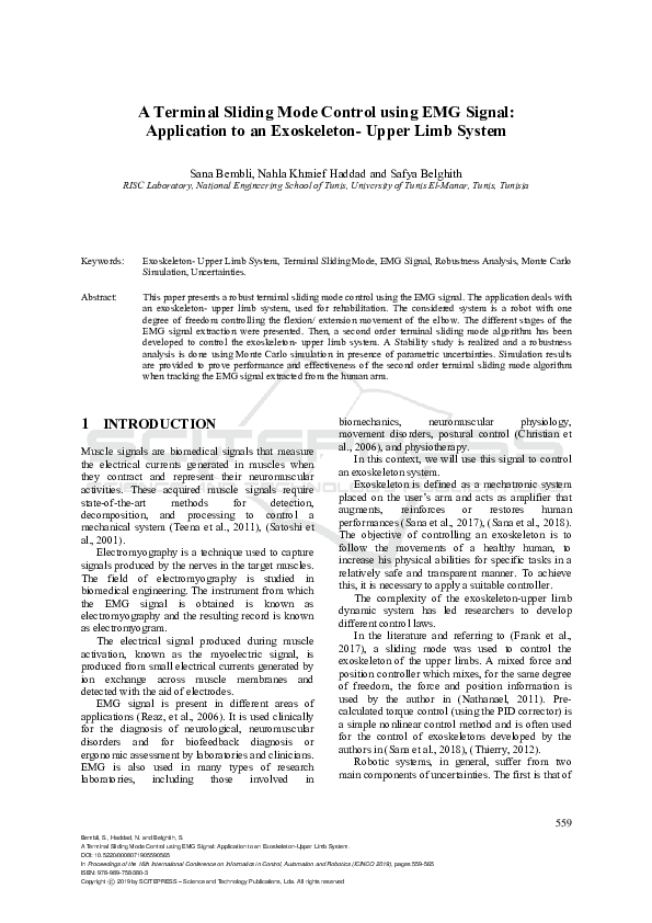 (PDF) A Terminal Sliding Mode Control using EMG Signal: Application to an Exoskeleton-Upper Limb ...