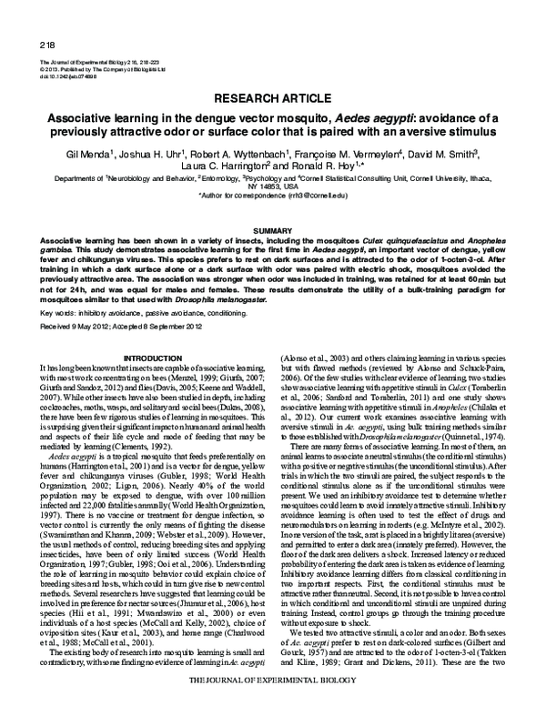 (PDF) Associative learning in the dengue vector mosquito, Aedes aegypti ...