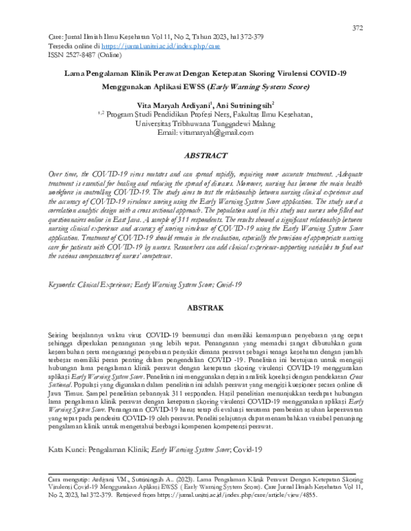(PDF) Lama Pengalaman Klinik Perawat Dengan Ketepatan Skoring Virulensi ...