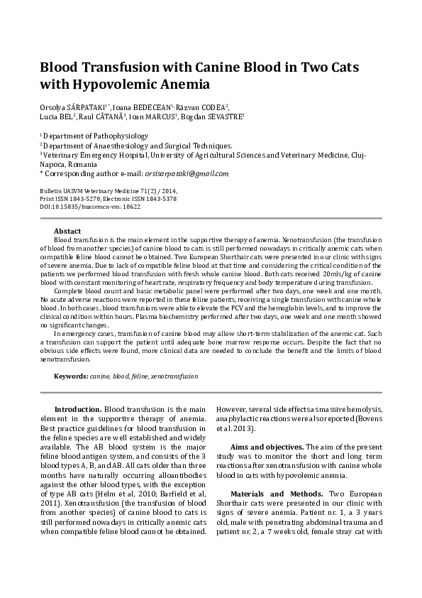(PDF) Blood Transfusion with Canine Blood in Two Cats with Hypovolemic ...
