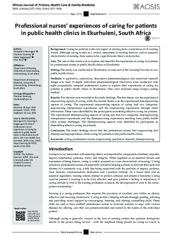 (PDF) Professional nurses’ experiences of caring for patients in public ...