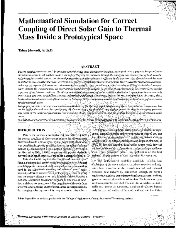 Pdf Mathematical Simulation For Correct Coupling Of Direct Solar Gain To Thermal Mass Inside A