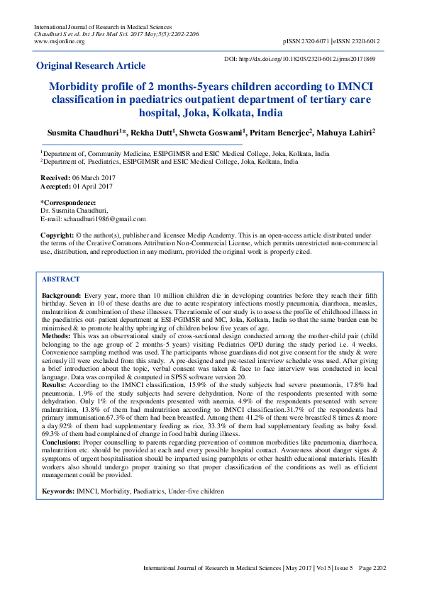 (PDF) Morbidity profile of 2 months-5years children according to IMNCI ...