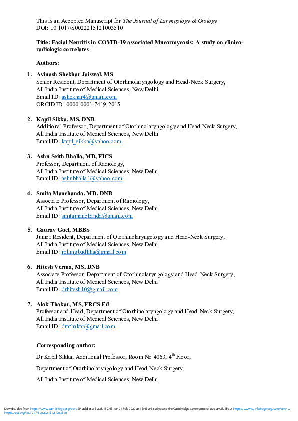 (PDF) Facial Neuritis in COVID-19 associated Mucormycosis: A study on ...