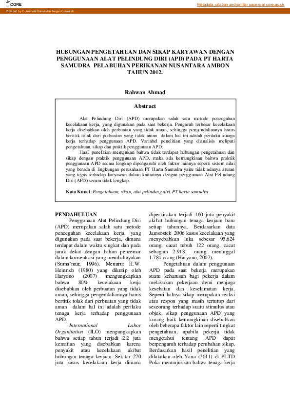 (PDF) Hubungan Pengetahuan Dan Sikap Karyawan Dengan Penggunaan Alat ...