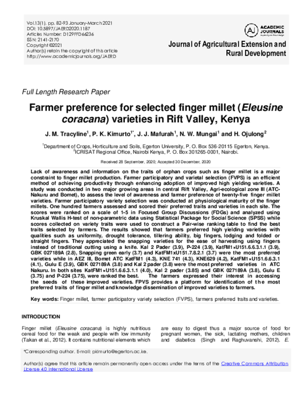 (PDF) Farmer preference for selected finger millet (Eleusine coracana) varieties in Rift Valley ...