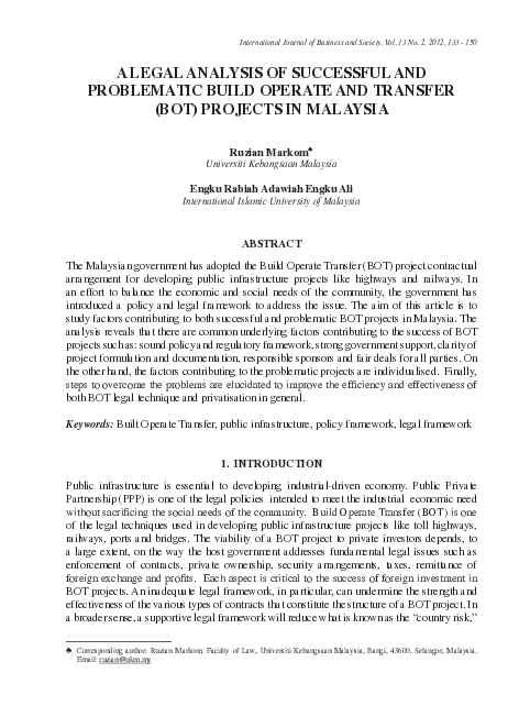 (PDF) A legal analysis of successful and problematic Build Operate and Transfer (BOT) projects ...