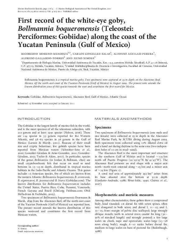 (PDF) First record of the white-eye goby, Bollmannia boqueronensis ...