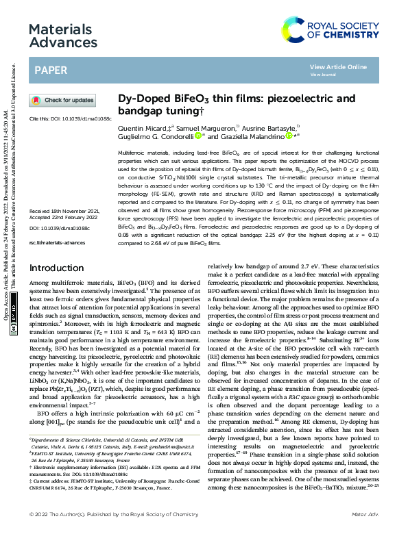 (PDF) Dy-Doped BiFeO3 thin films: piezoelectric and bandgap tuning