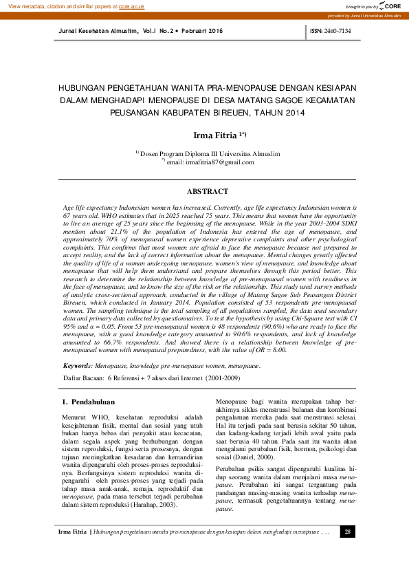 (PDF) Hubungan Pengetahuan Wanita Pra-Menopause Dengan Kesiapan Dalam Menghadapi Menopause DI ...