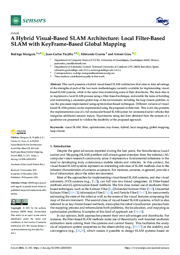 Pdf A Hybrid Visual Based Slam Architecture Local Filter Based Slam With Keyframe Based