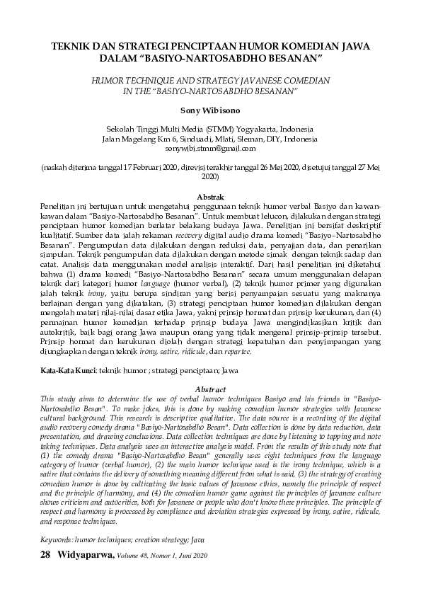 (PDF) TEKNIK DAN STRATEGI PENCIPTAAN HUMOR KOMEDIAN JAWA DALAM "BASIYO ...